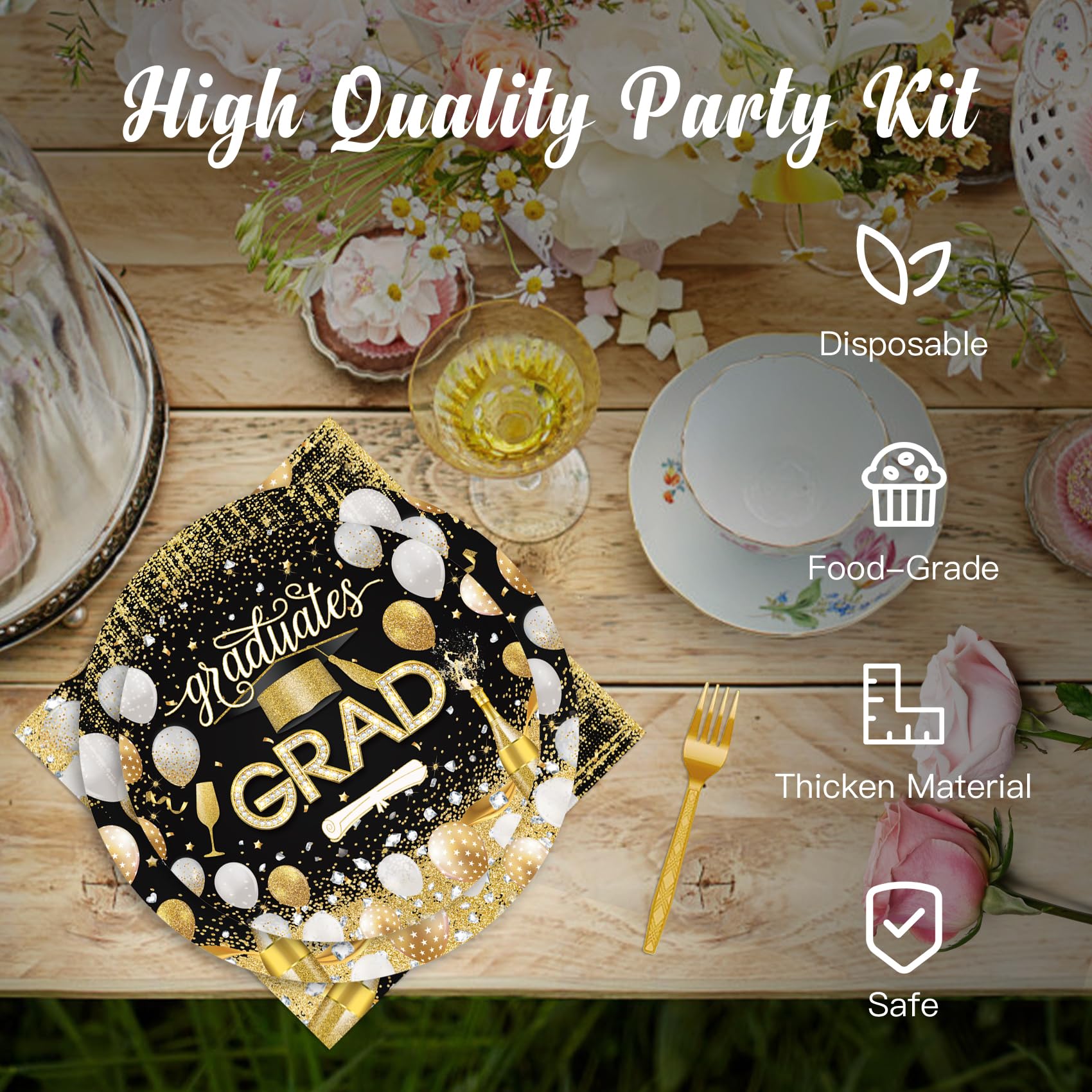 Black and Gold Graduation Party Supplies for 24: 97 Pcs with Elegant Plates, Forks, Bunting - Commencement Celebration - Classy Diploma-Themed Tableware Set