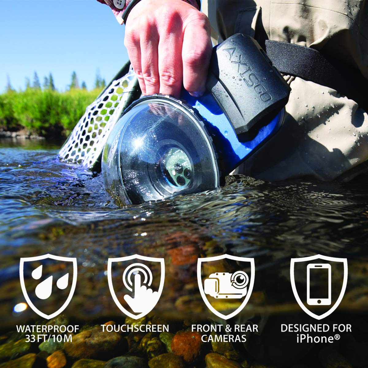 AquaTech AxisGO iPhone 11 Pro Max/iPhone Xs Max Waterproof Phone Housing for Underwater Action Photography Snorkeling Surfing Travel Case - Ocean Blue Bundle