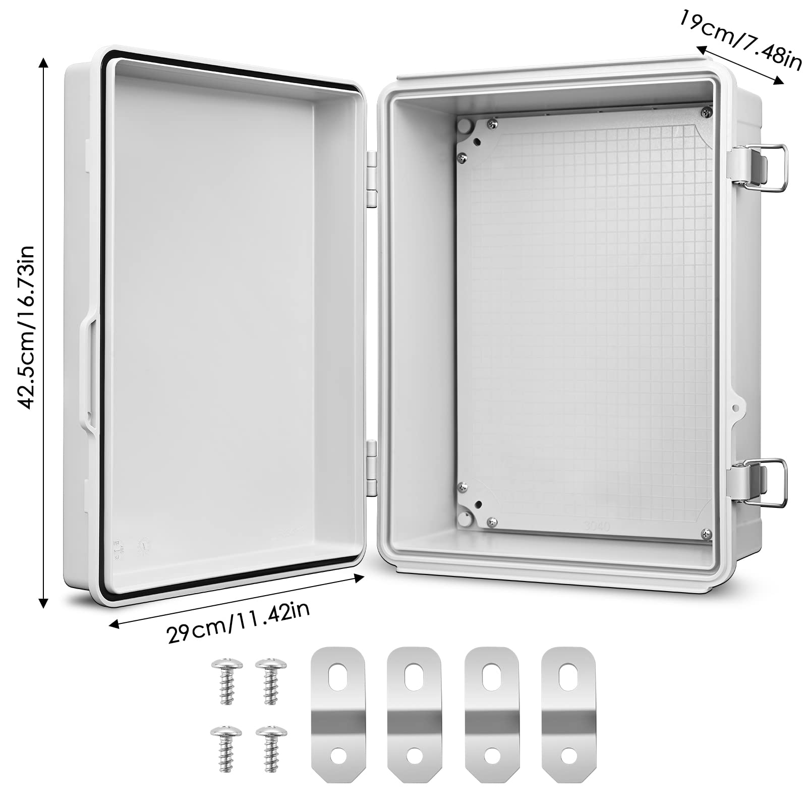 ARTYUIO Electrical Enclosure Box 16.7x11.4x7.4'' Waterproof Electrical Junction Box with Mounting Plate, Hinged Cover,Stainless Steel Latches IP66 Plastic Electrical Junction Boxes