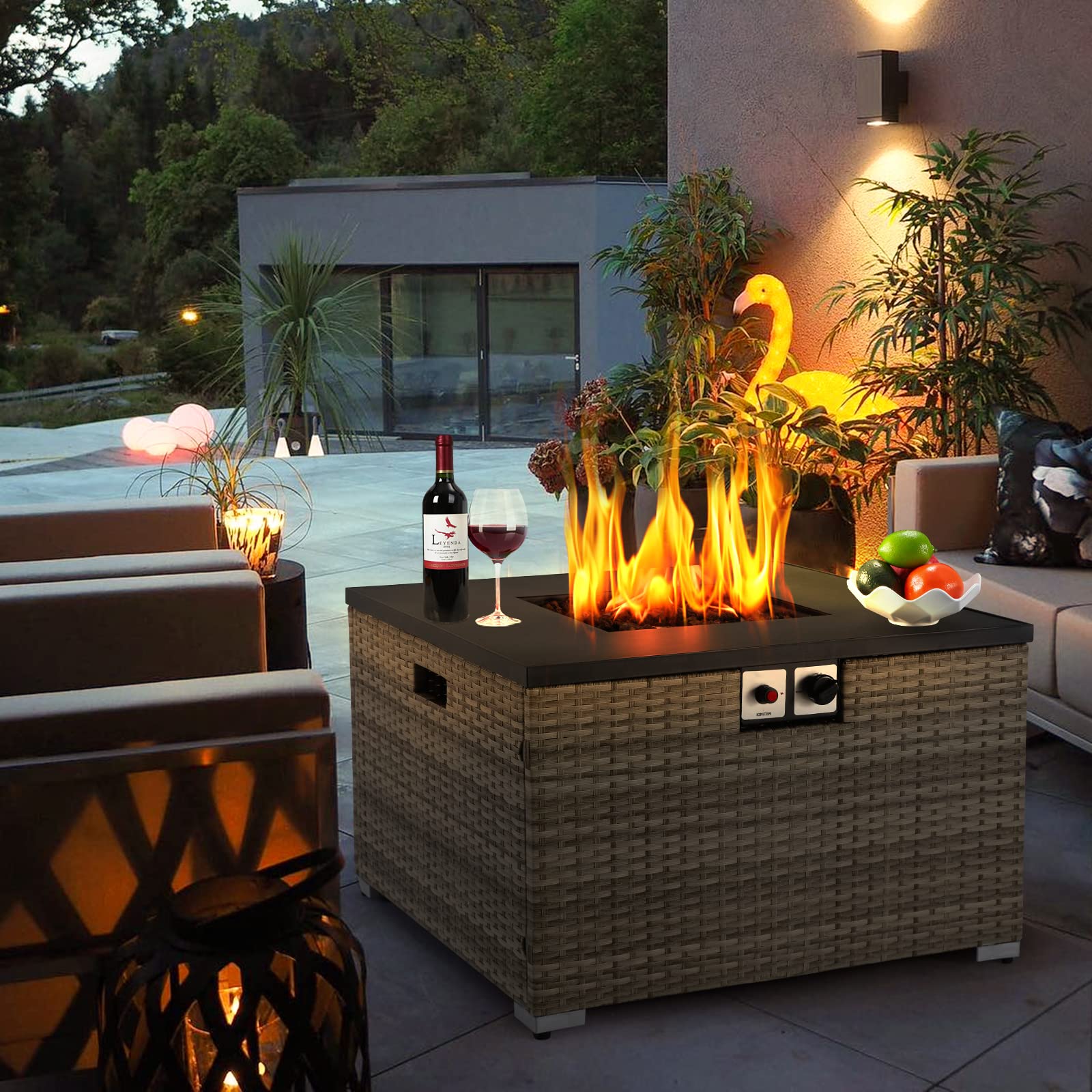 AVAWING 32in Square Fire Pit Table,40,000BTUs Wicker Propane Gas Firepit Table 2 in 1 Fireplace Table Outdoor Fire Tables for Outside Patio Backyard W/Lid and Lava Stone, Grey