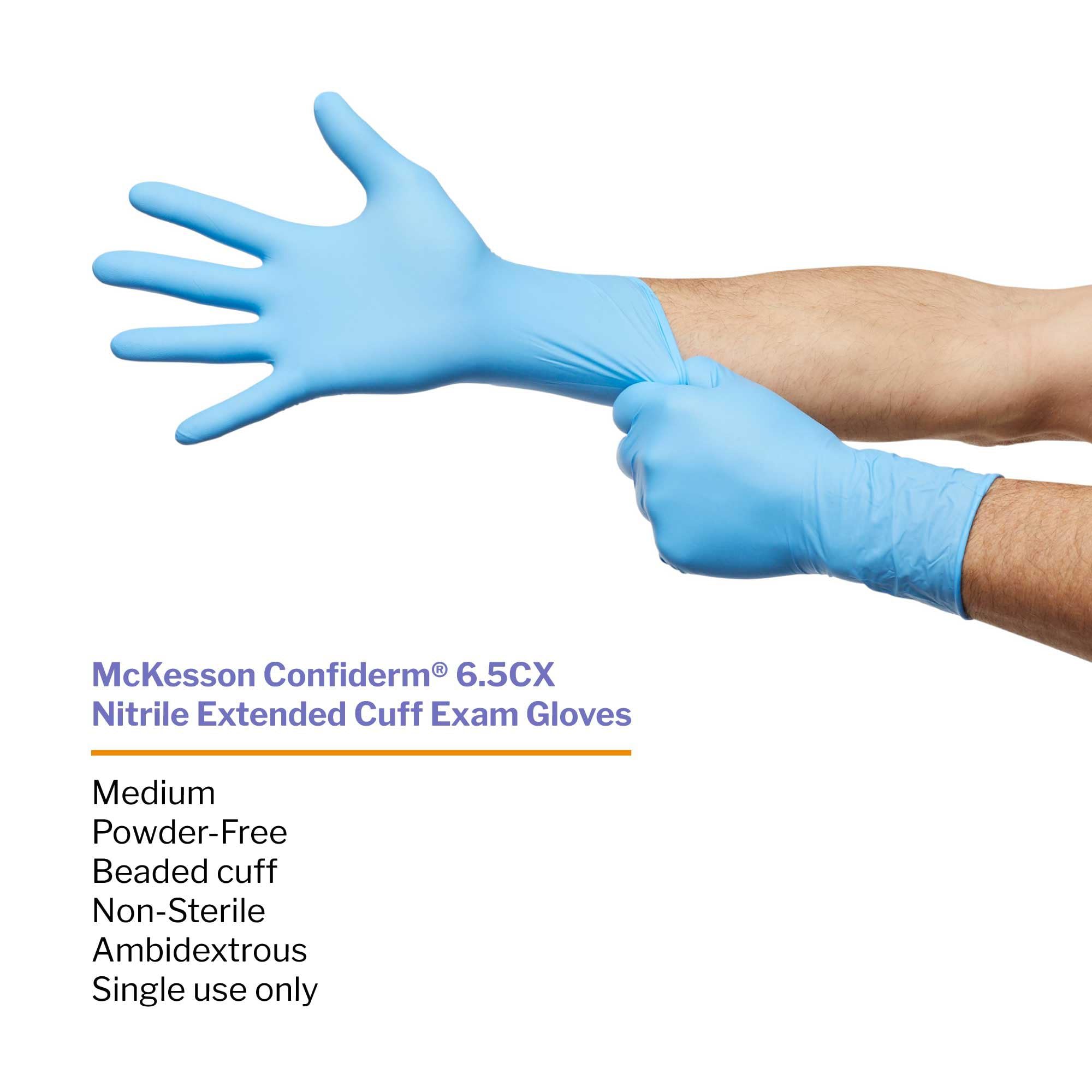 McKesson Confiderm 6.5CX Nitrile Exam Gloves - Powder-Free, Latex-Free, Ambidextrous, Texture, Chemo Tested, Light Blue, Extended Cuff, Size Medium, 100 Count, 10 Boxes, 1000 Total