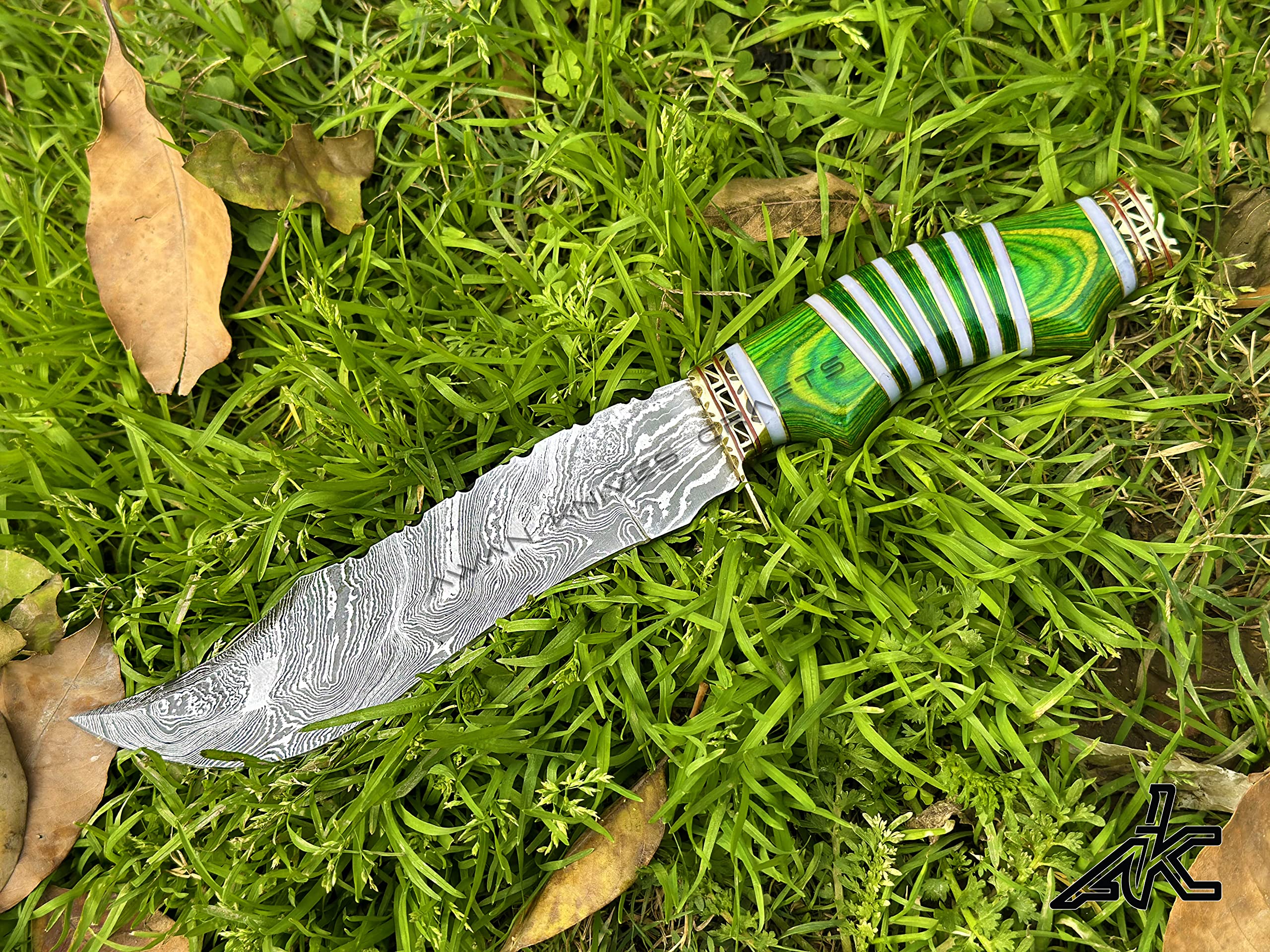 Awan Knives Crafts - 12" Handmade Damascus Hunting Knife with Sheath - Unique Fixed Blade Knife for Men - Exotic Wood Handle - Choose Your Color (Green)