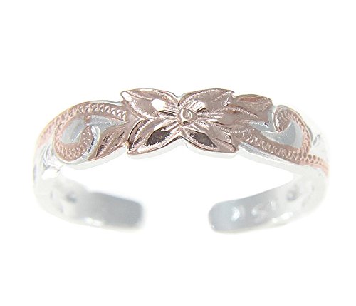 Arthur's Jewelry 925 sterling silver 2 tone pink rose gold plated Hawaiian plumeria flower scroll 4mm cut out open toe ring