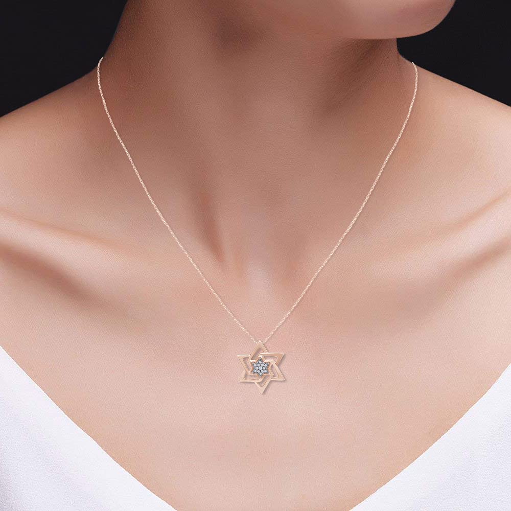 AFFY Round White Natural Diamond Star of David Pendant Necklace in 14k Solid Rose Gold (0.04 Ct)