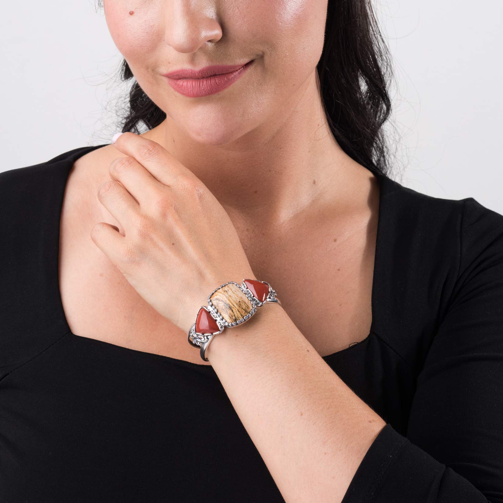 American West Sterling Silver Red Coral and Picture Jasper Gemstone Cuff Bracelet Size Medium