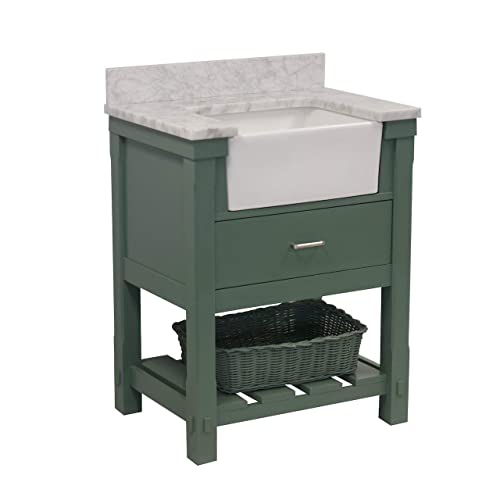 Charlotte 30-inch Bathroom Vanity (Carrara/Sage Green): Includes Sage Green Cabinet with Authentic Italian Carrara Marble Countertop and White Ceramic Farmhouse Apron Sink