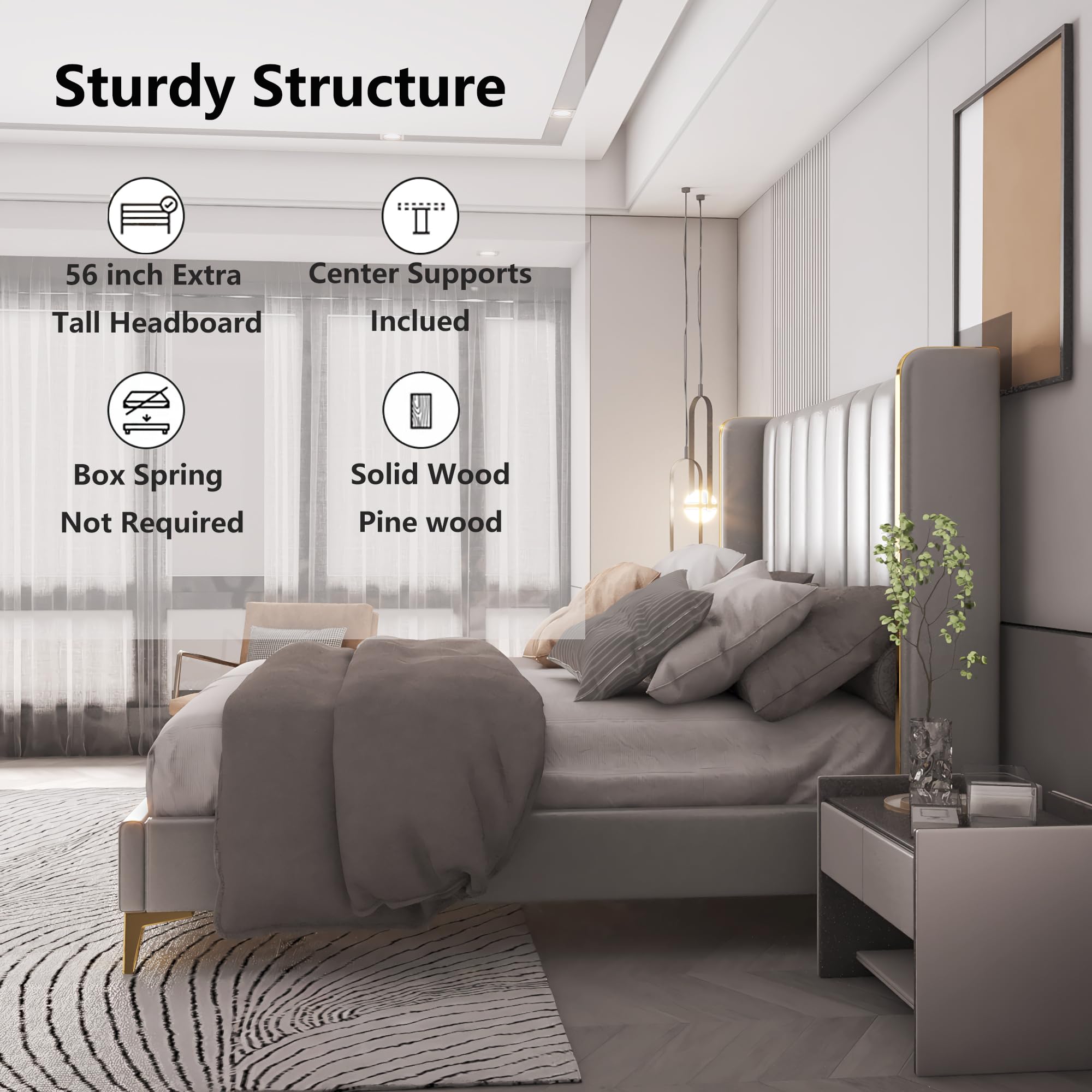 APRILSOUL King Size Channel Tufted Upholstered Platform PU Leather Bed Frame with 56“ Tall Headboard & Thickening Pinewooden Slats and Metal Leg,No Box Spring, for Bedroom,Light Gray