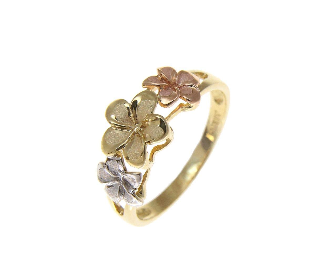 Arthur's Jewelry Solid 14k tricolor gold 6.5mm-8mm-6.5mm Hawaiian plumeria flower ring size 10