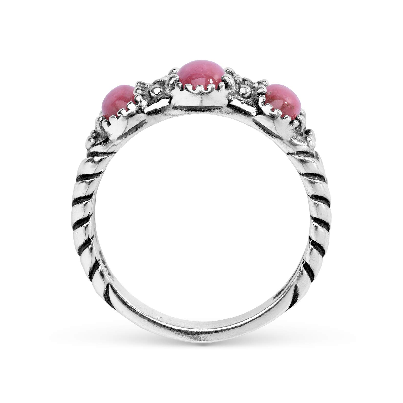 American West Sterling Silver Women's Ring Pink Rhodonite Gemstone 3-Stone Design Size 10