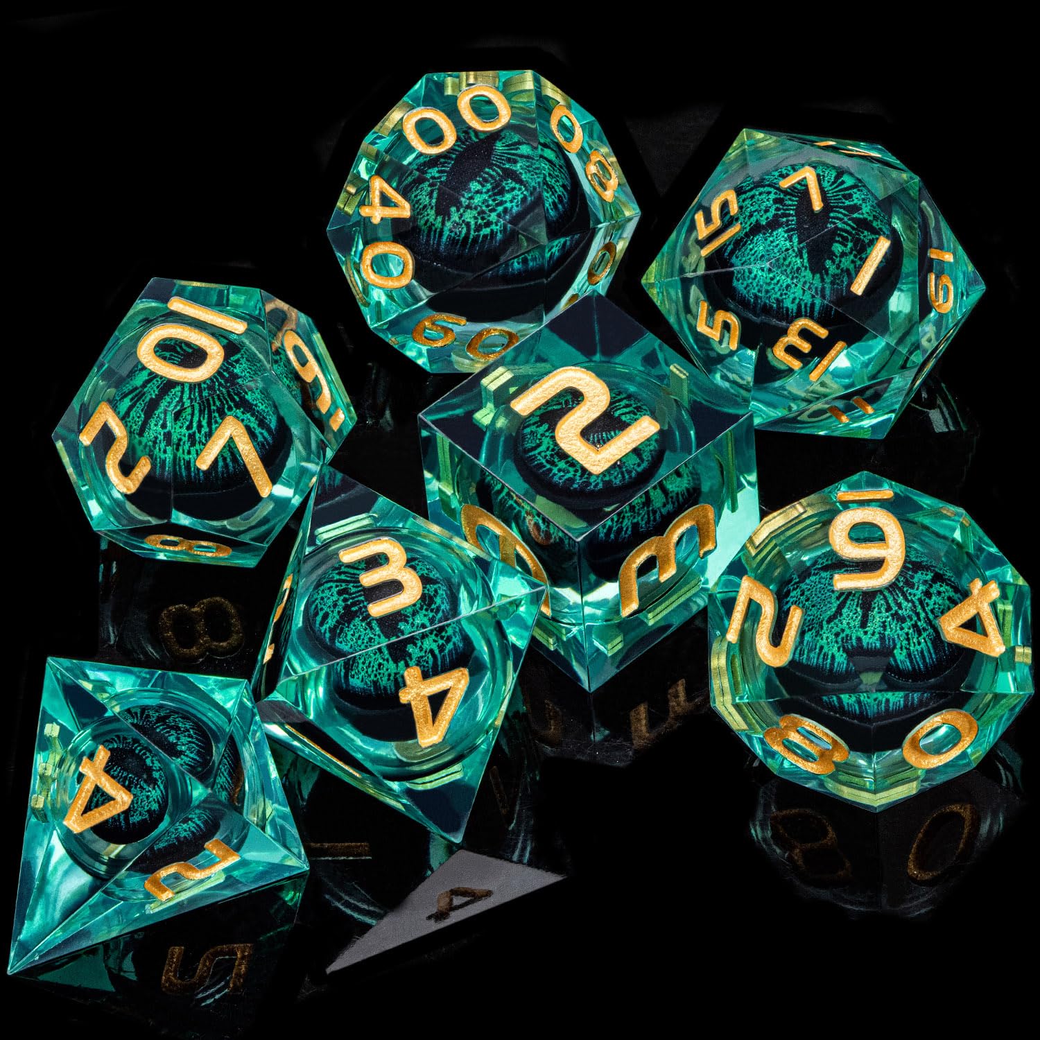 ARUOHHA Dragon Eye DND Dice, Green Resin Sharp Edged Dice Set with Gift Box, Dungeons and Dragons Liquid Core Dice RPG Handmade Polyhedral D&D Dice Role Playing Game D and D Dice D20 D12 D10 D8 D6 D4