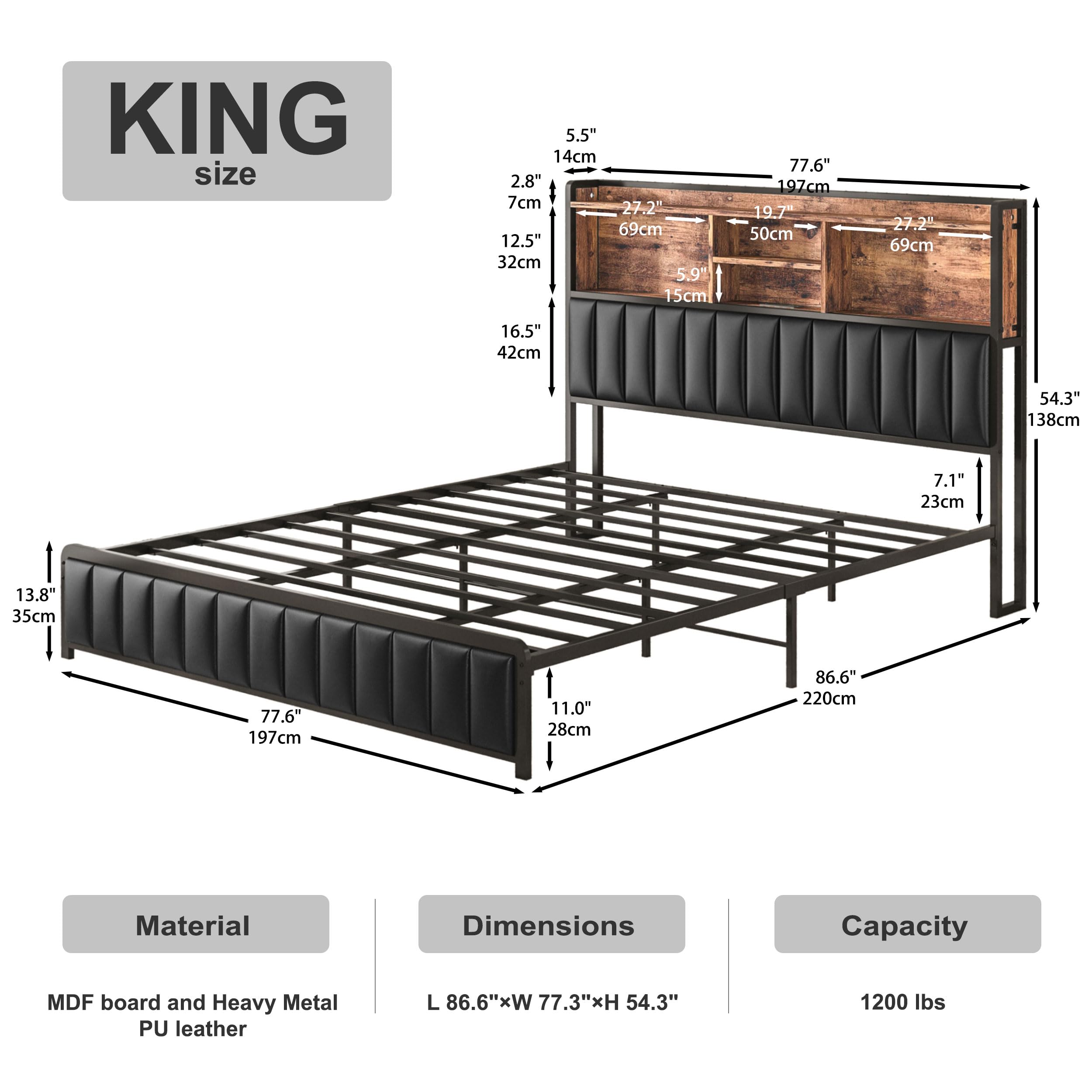 ANCTOR King Size Bed Frame with Upholstered Headboard and LED Light, Strong Platform Bed with Charging Station,No Box Spring Needed