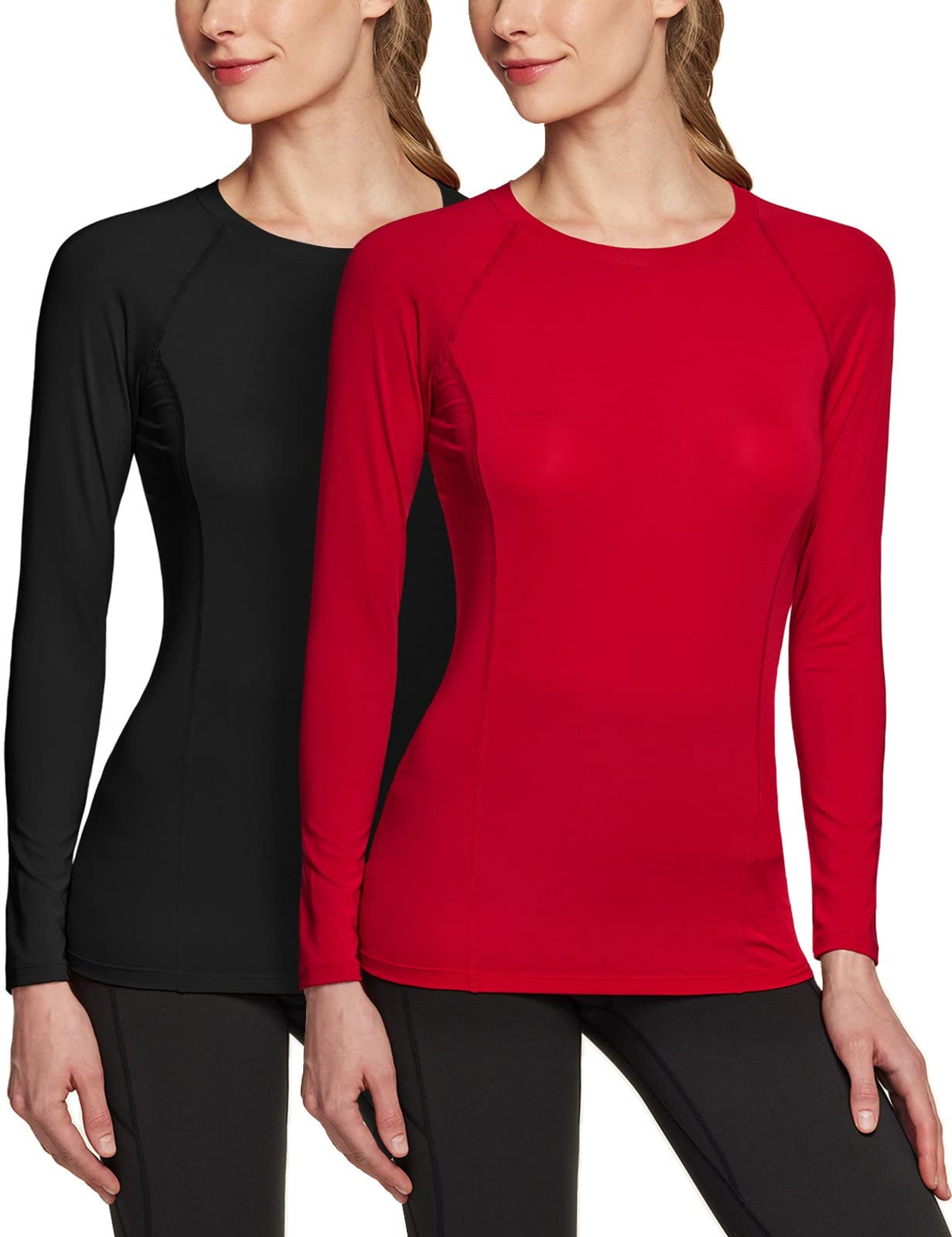 ATHLIO Women's Sports Compression Shirt, Cool Dry Fit Long Sleeve Workout Tops, Athletic Exercise Gym Yoga Shirts, 2pack Black/Red, Large