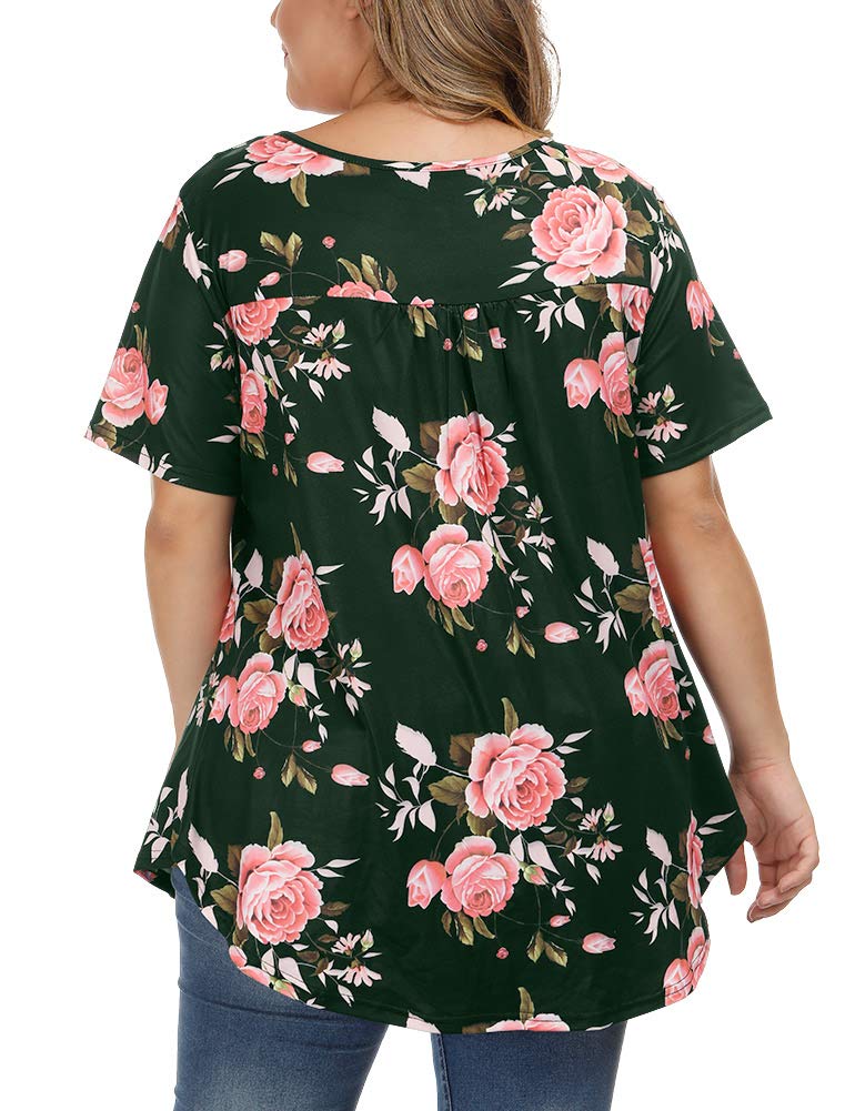 ALLEGRACE Women's Plus Size Floral Blouses Henley V Neck Button Up Tunic Tops Ruffle Flowy Short Sleeve T Shirts P53 White-Leaf Flower Dark Blue 2X