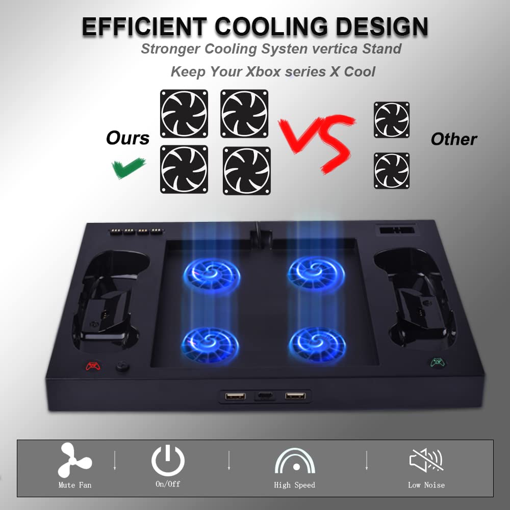 arVin Cooling Fan for Xbox Series X Console Vertical Cooling Stand with 4 High Speed Cooler Fan, Dual Controller Charging Station, 2x1400mAh Rechargeable Battery Pack, Headset Stand & 4 Type C Adapter