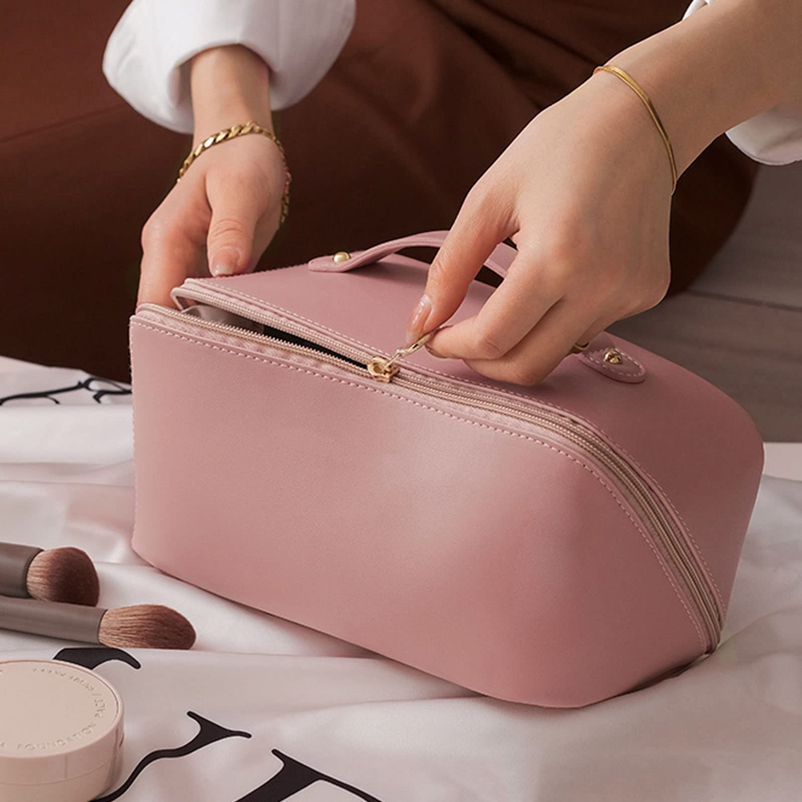BOBOBOX Travel Cosmetic Bag Large Capacity Make Up Bag PU Leather Waterproof Portable with Handle and Divider Multifunctional Bag (Pink)