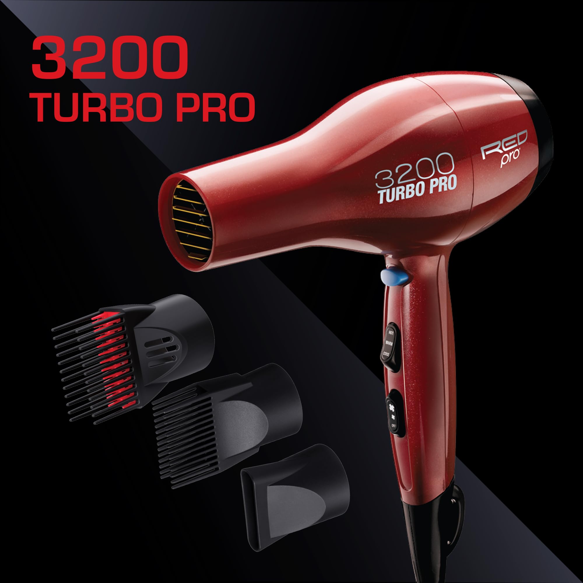 RED PRO 3200 Turbo Pro Detangler AC Hair Dryer, 3 Heat/2 Speed Settings, Cool Shot Button, Powerful Airflow, 3 Additional Styling Attachments with Detangling Pik