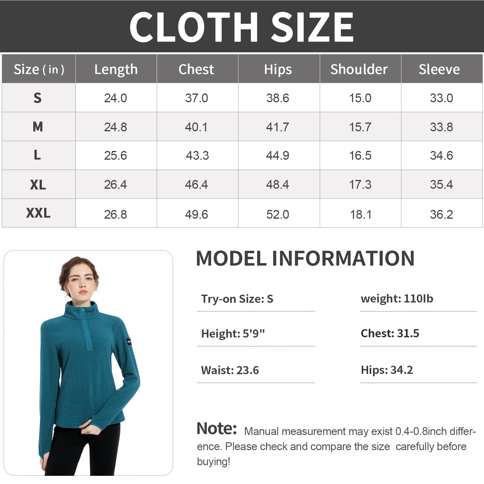 alblanc Fleece Pullover Women,Lightweight Soft Long Sleeve Womens Fall Tops with Thumb Hole,Snap Neck Pullover,Dark cyan L