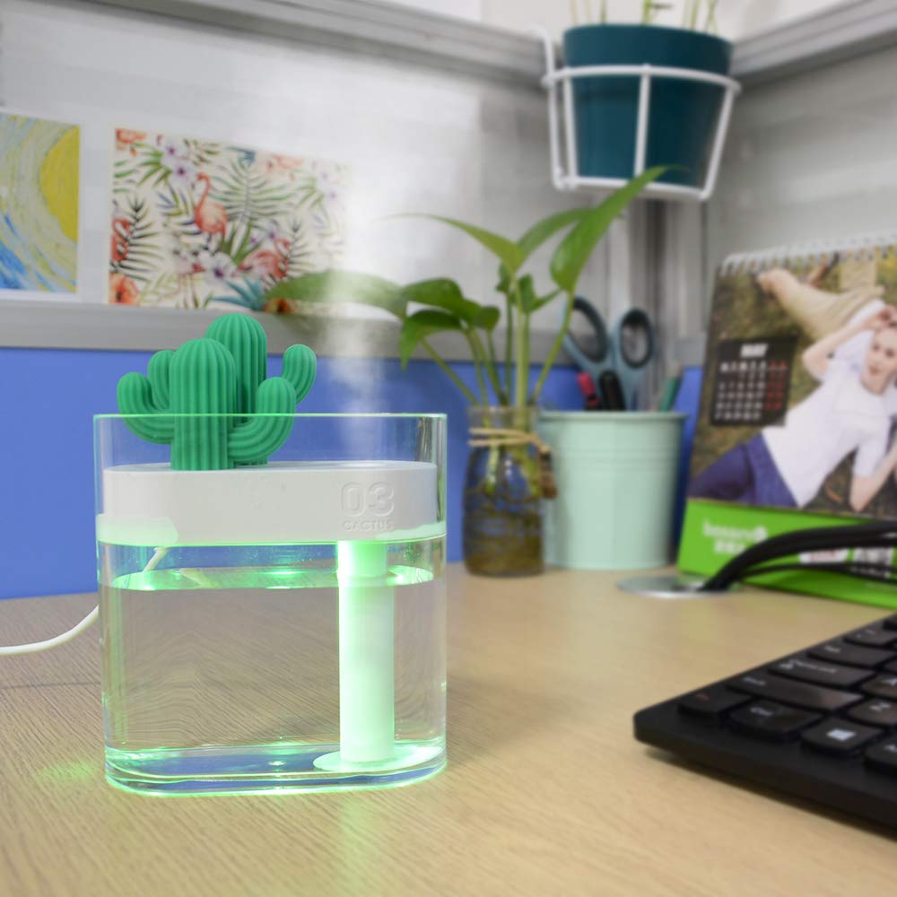 Alicacho USB Mini Cool Mist Humidifier with Night Light, Cactus Humidifier 160ml Water Tank for Single Room Office Car with Timed auto Shutdown (Transparent Cactus)
