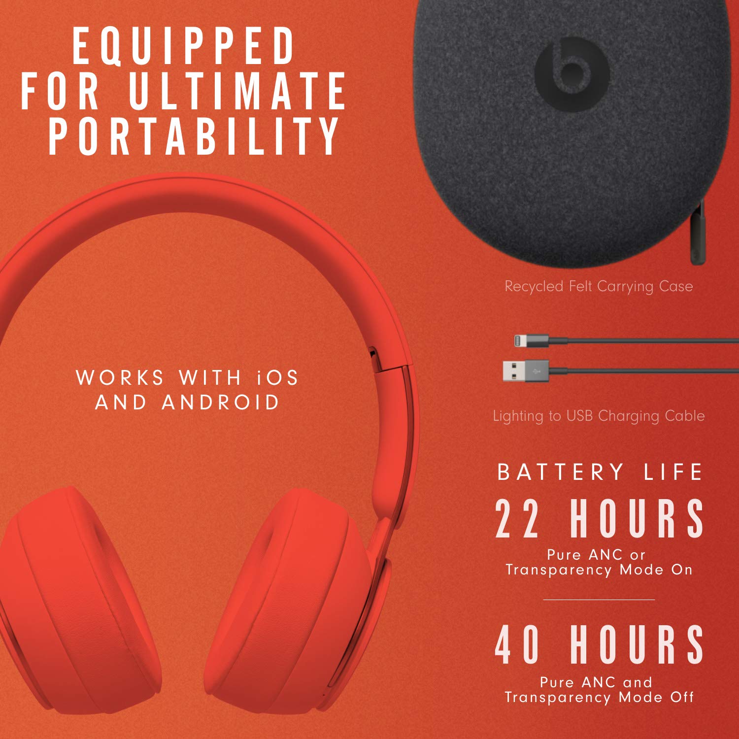 Apple Beats Solo Pro Wireless Noise Cancelling On-Ear Headphones H1 Headphone Chip, Class 1 Bluetooth, Active Noise Cancelling, Transparency, 22 Hours of Listening Time - Red