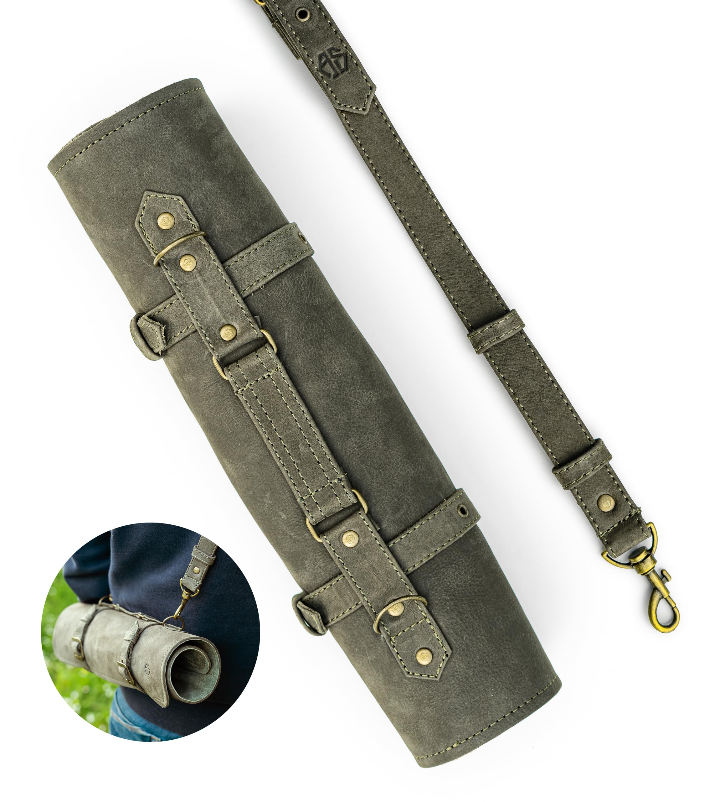 Angus Stoke Knife Roll Bag Genuine Leather β Knife case for Chefs 7 Slots β Leather Knife with Handle and Strap Frank (Olive-Green)