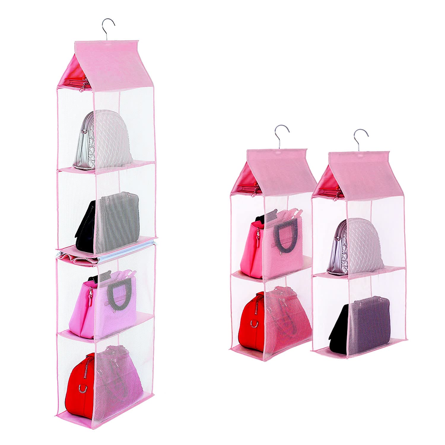 KEEPJOY Closet Purse Organizer, Hanging Handbag Organizer with 4 Heavy-Duty Mesh Shelves Closet Purse Storage Bag (Pink)