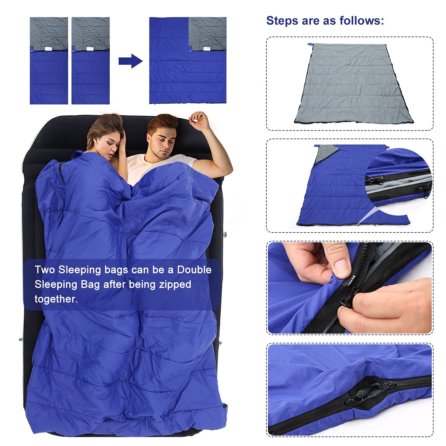 Andake Envelope Sleeping Bag, Machine Washable Lightweight Splash-Resistant with Compression Sack Great for 3 Season Indoor & Outdoor Use, for Hiking, Camping, Backpacking, Traveling (Single/Double)
