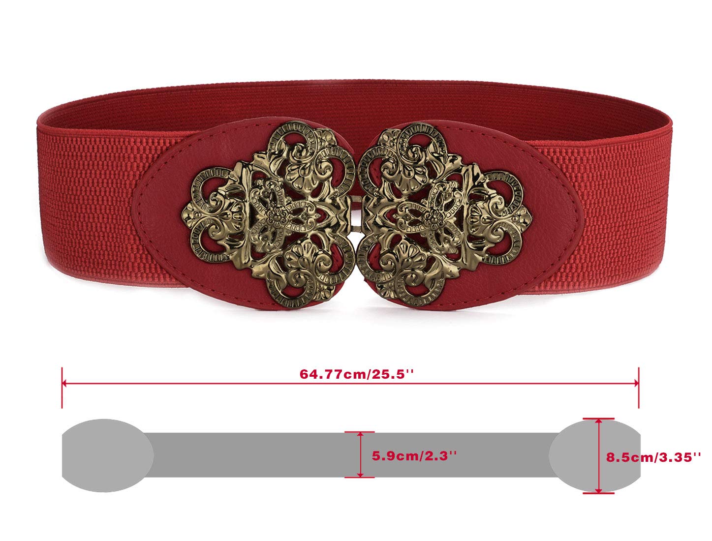 Allegra K Ladies Metal Symmetric Flower Interlock Buckle Textured Elastic Cinch Belt Red-1 Buckle-2