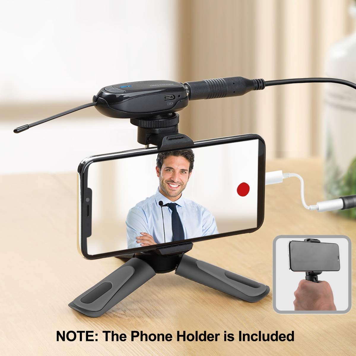 Alvoxcon Wireless Headset Lavalier Microphone System with Phone Holder Wireless Lapel Mic for iPhone, DSLR Camera, PA Speaker, YouTube, Zoom, Podcast, Video Recording, Conference, Vlog. with stand