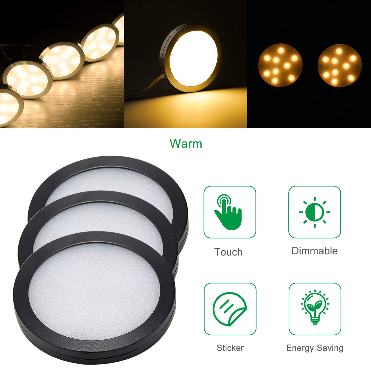 AIBOO Under Cabinet LED Black Cover Puck Lighting Kit with Touch Dimmer Switch for Kitchen Cupboard Closet Lighting (6 Lights,Warm White)