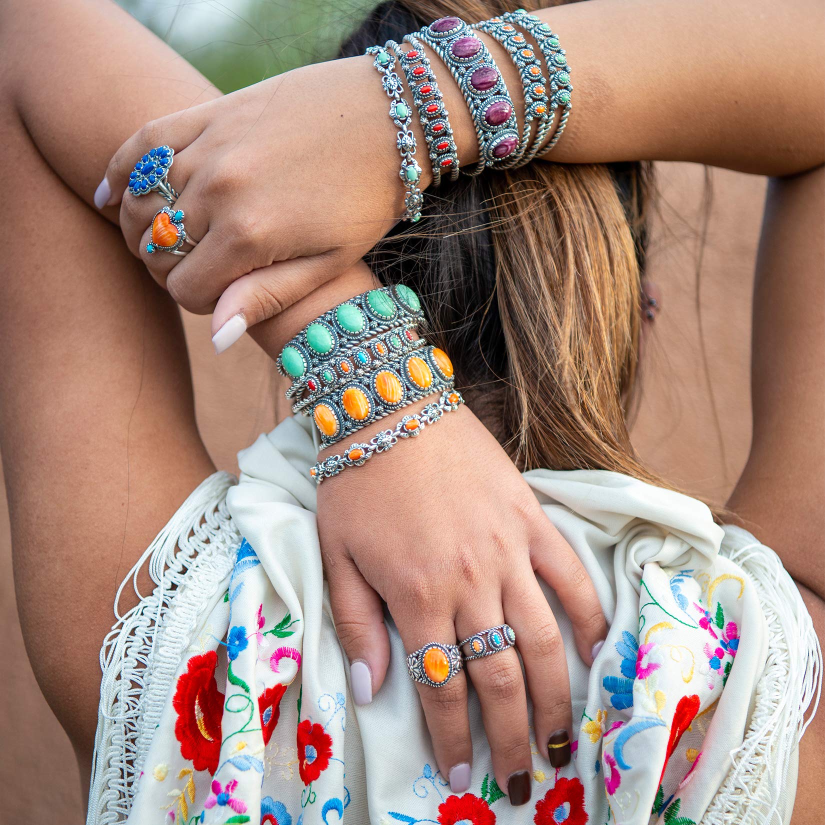 American West Sterling Silver Blue Turquoise Gemstone 7-Stone Double Rope Floral Cuff Bracelet Size M