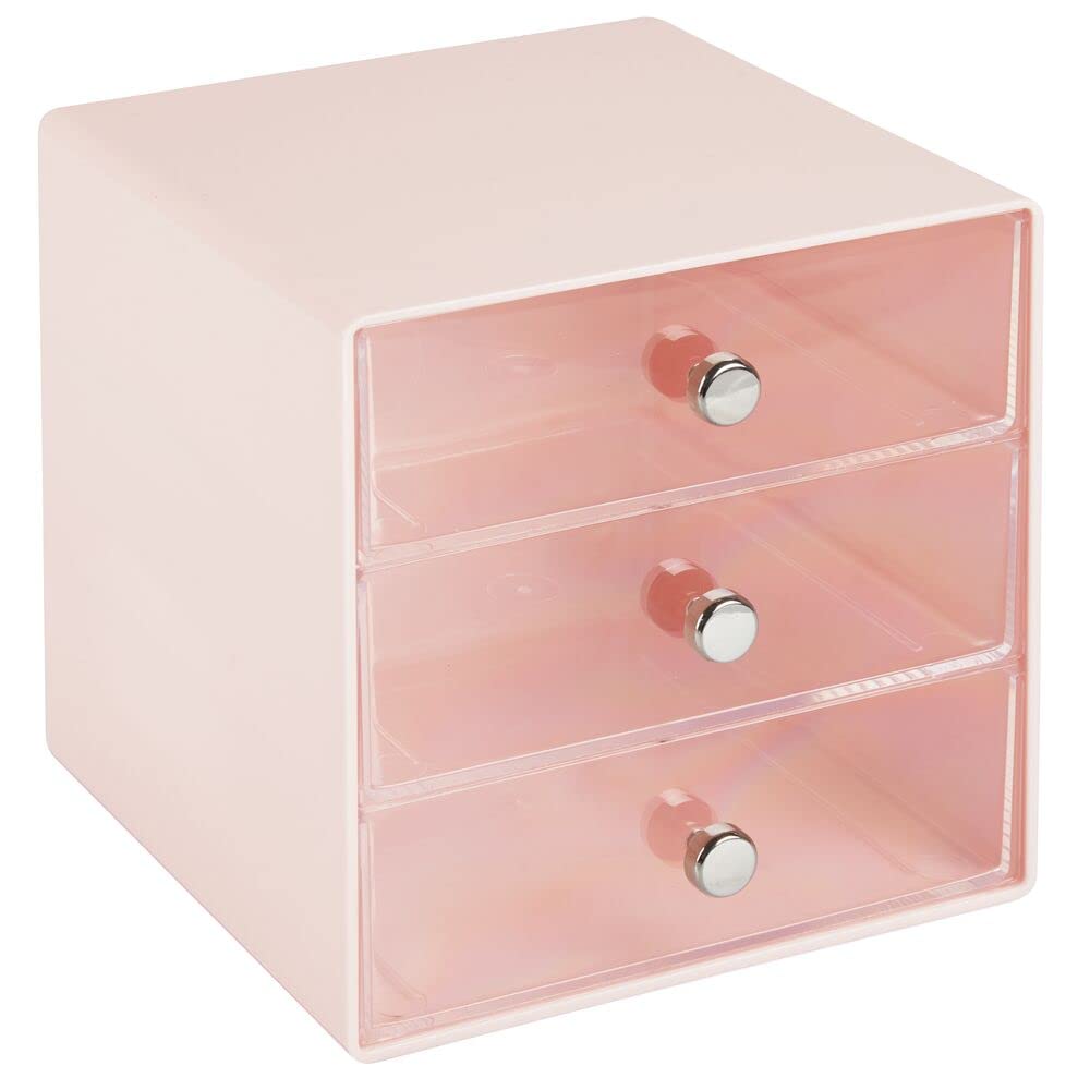 mDesign Plastic 3-Drawer Stackable Nursery Storage Organizer for Baby/Kids Bedroom, Changing Table, Playroom, Modern Organization for Diaper Creams and Small Toys, Lumiere Collection, Light Pink/Clear