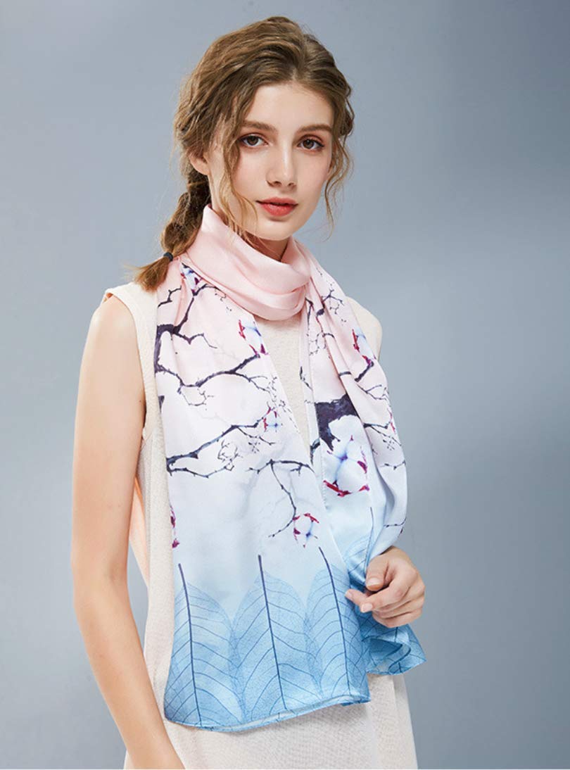 ANDANTINO 100% Mulberry Silk Long Scarf for Women Large Shawls for Headscarf and Neck- Oblong Hair Wraps with Gift Packed (Blue&Pink Branches)