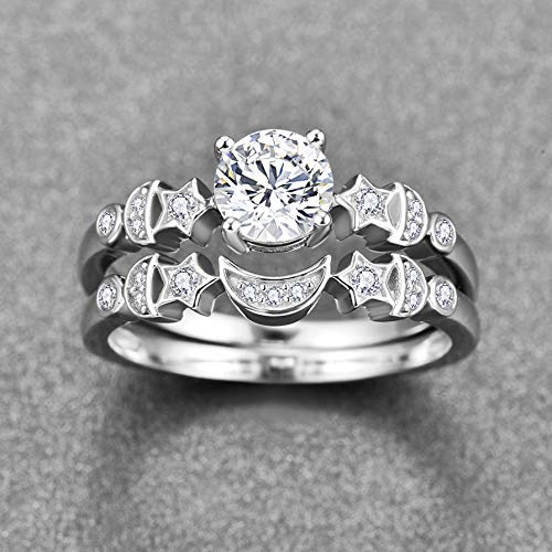 AVECON Star Moon Design Sterling Silver Engagement Ring Set Anniversary Promise Eternal Ring