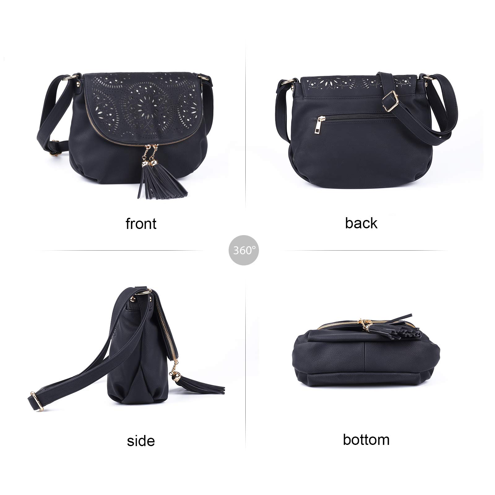AFKOMST Boho Crossbody Bags for Women Large Size Soft Vegan Leather Over Shoulder Purses and Messenger Satchel Handbags,Multi Pockets,Black