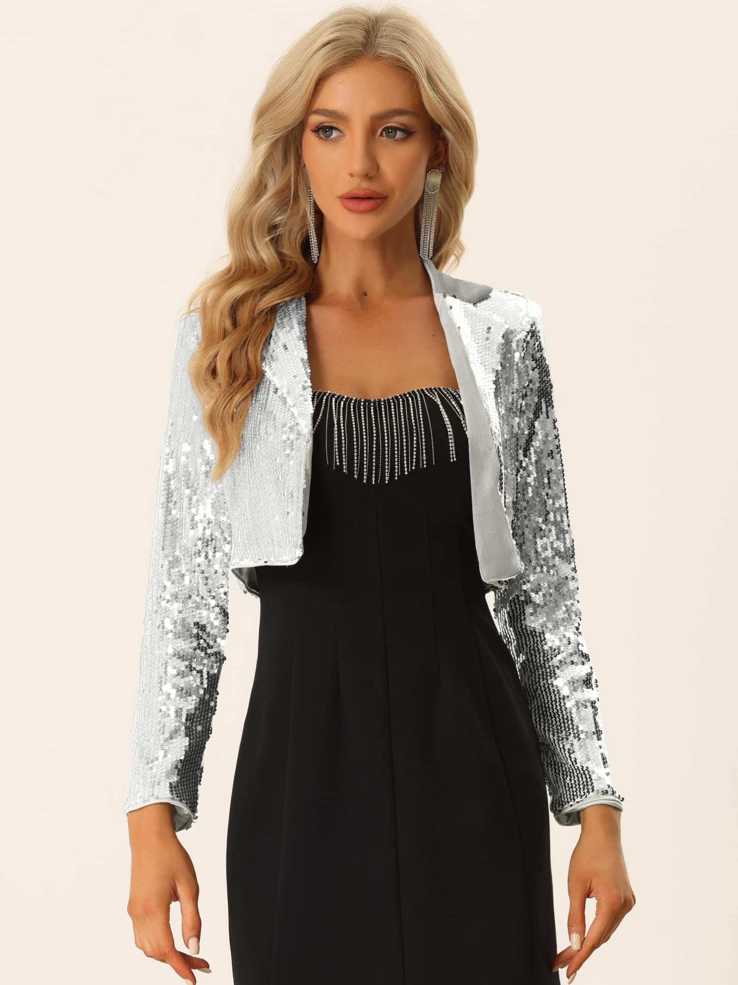 Allegra K Open Front Cardigan for Women's Notched Lapel Cropped Party Club Sparkly Sequin Blazer Large Silver