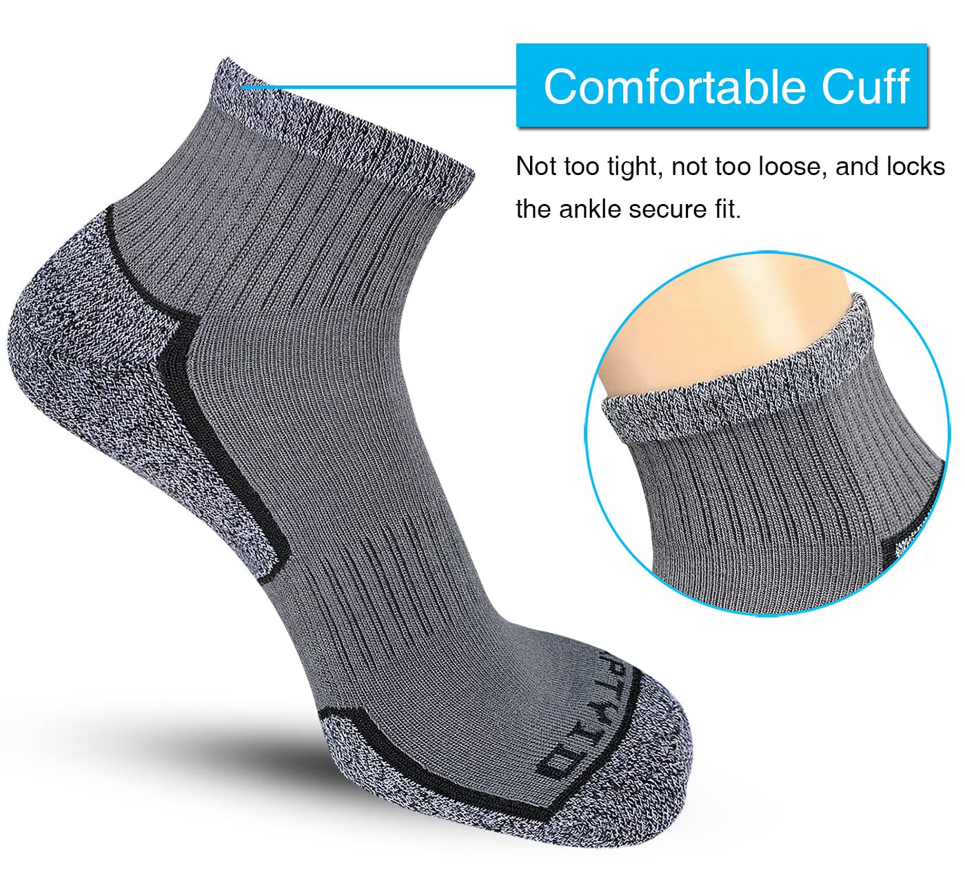APTYID Men's Moisture Wicking Athletic Ankle Socks, Size 9-12, Carbon Grey, 6 Pairs