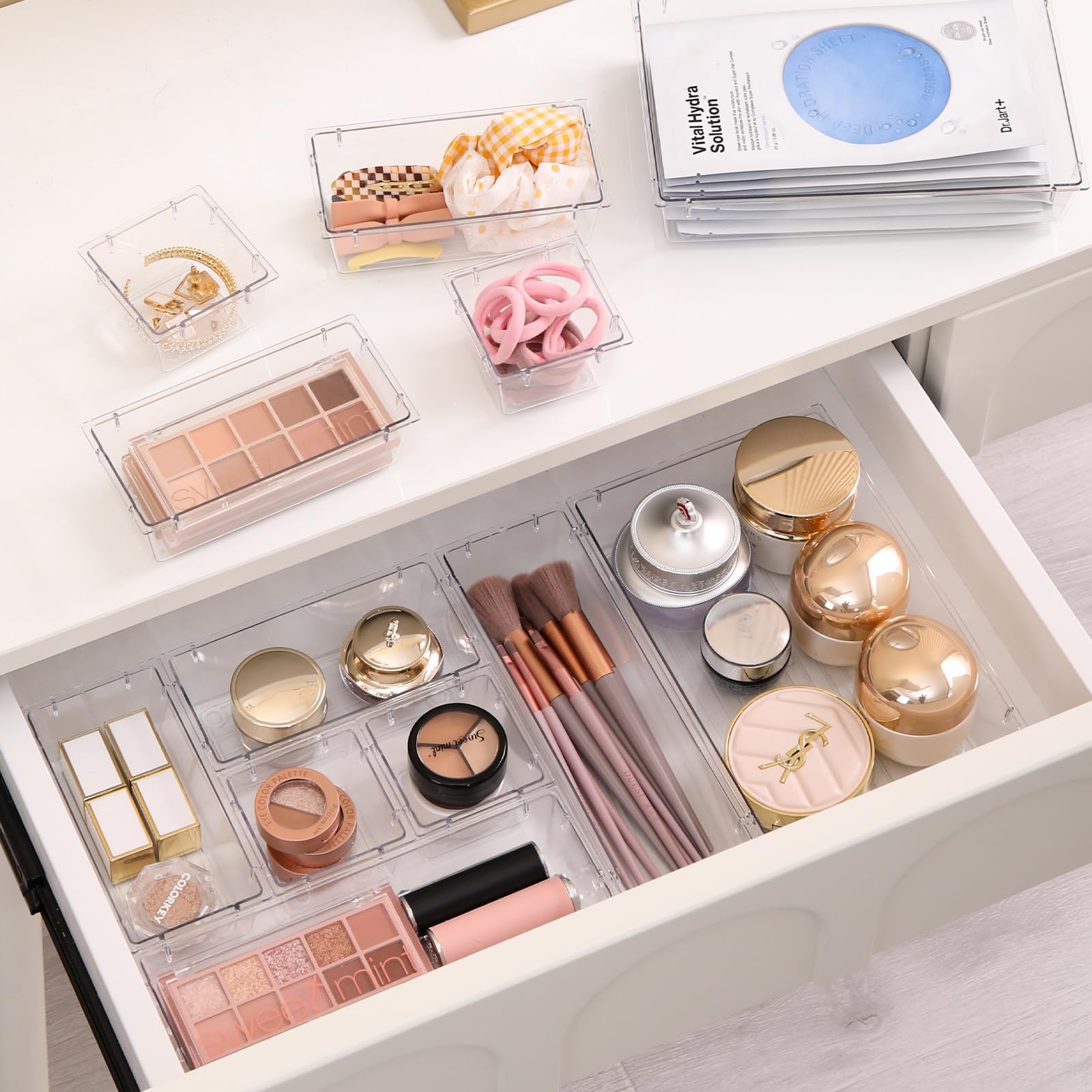 Clear Plastic Drawer Organizer Set - 25 Pcs Desk Makeup Drawer Organizers Trays Divider Versatile Storage Box Bins for Dresser Vanity Jewelry Bathroom Office Supplies Kitchen Utensils Tool Gadgets