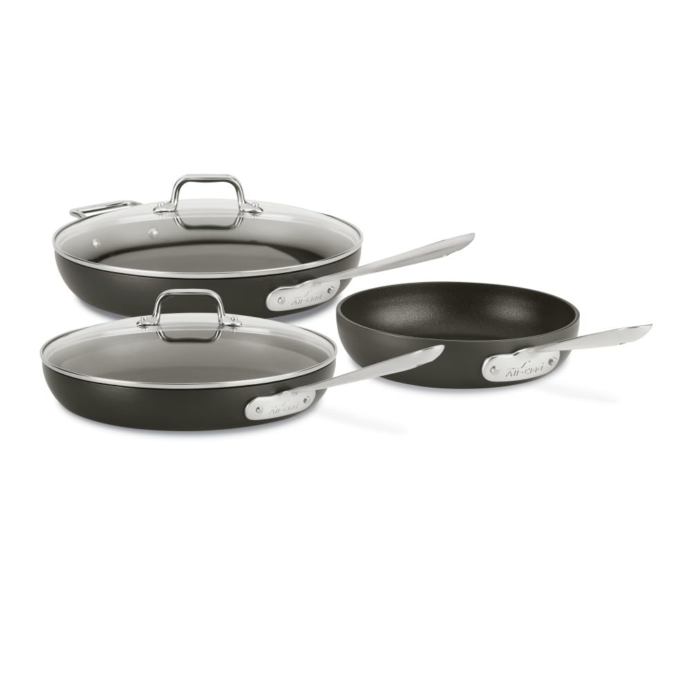 All-Clad HA1 Hard Anodized Non Stick Fry Pan Set 3 Piece, 8, 10, 12 Inch, Induction, Oven Broiler Safe 500F, Lid Safe 350F, Skillets, Frying Pans w/ Lid, Pots and Pans Set Non Stick, Cookware, Black