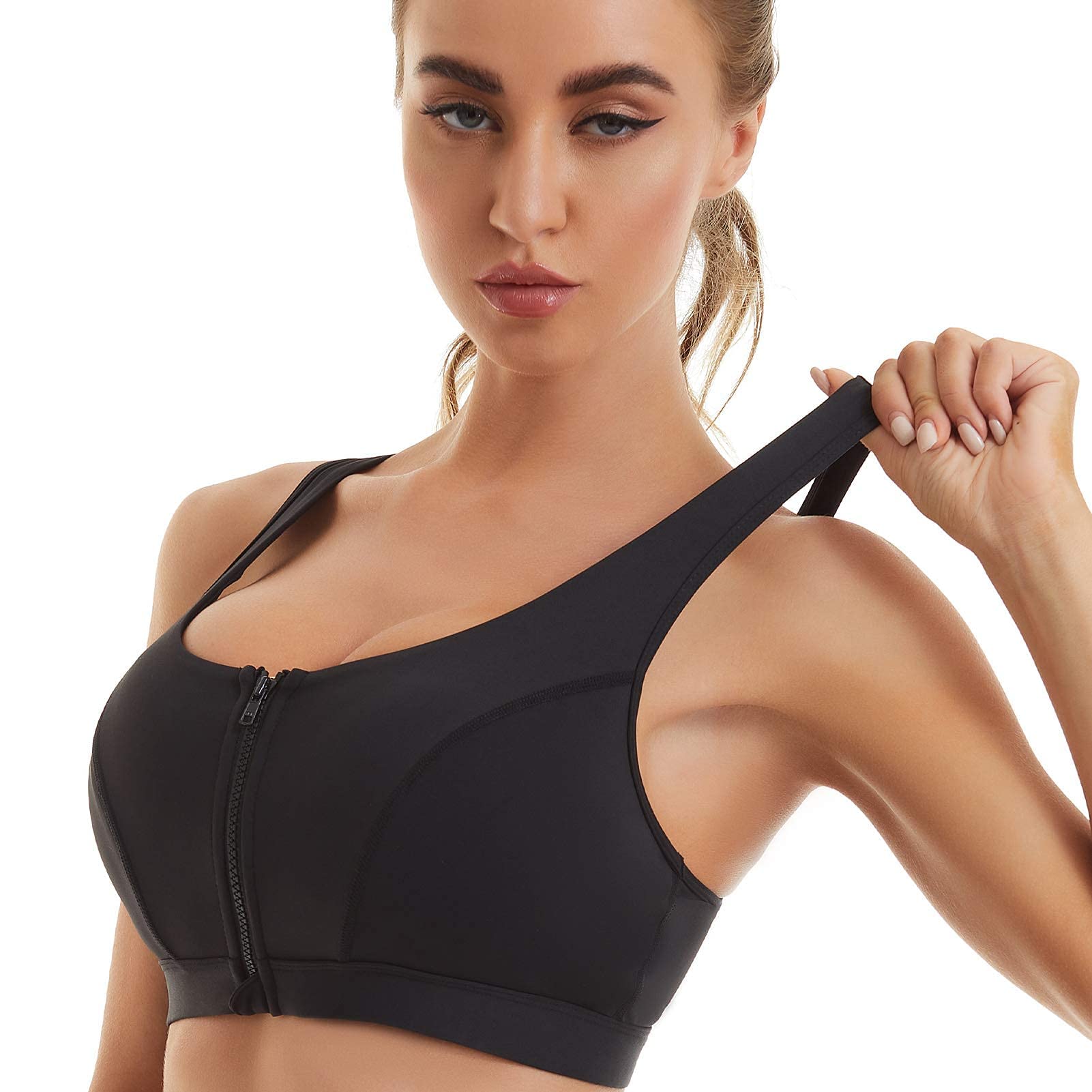 ANGABRIEL Women's Zip Front Sports Bra,Wirefree,High Impact Workout Yoga Plus Size Racerback Bra with Removable Pads(Black,Medium Plus)