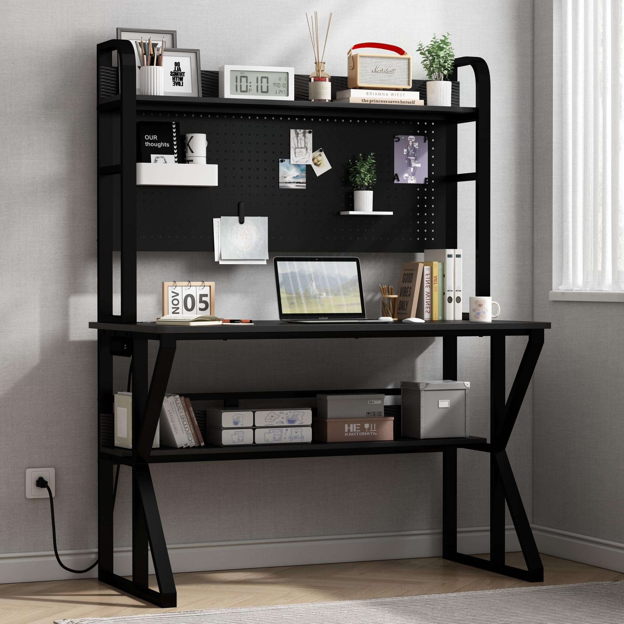 Chnnmbrn Home Office Desk with Power Outlet,Gaming Desk with Pegboard,Large PC Table Computer Desk with Shelves,Multifunctional Workbench,Study Writing Workstation