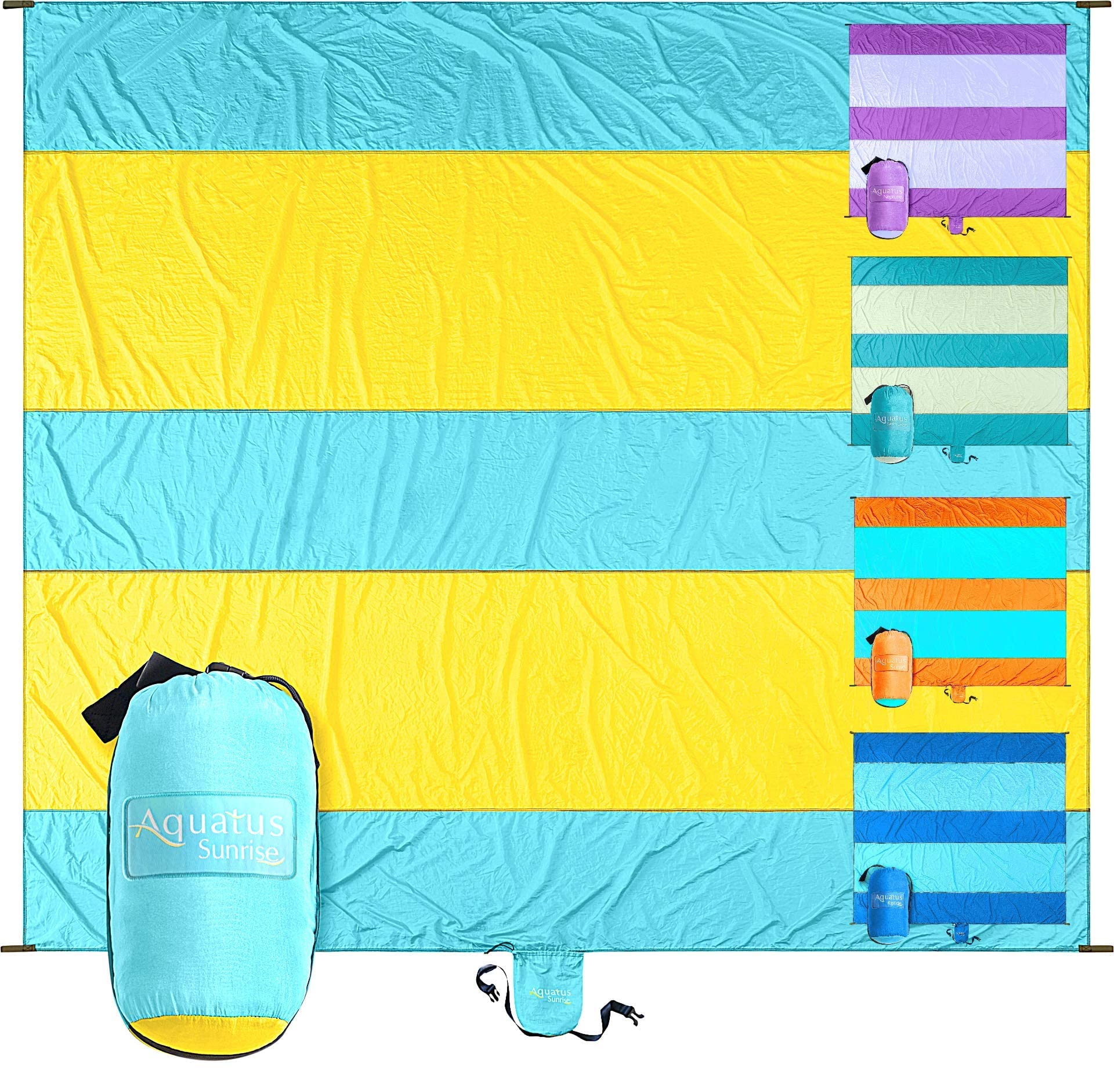 AQUATUS Premium XXL Beach Blanket Sandproof Water Resistant Quick Dry Mat 10ft by 9ft for 1-8 Adults with 4 Metal Stakes, 4 Corner Pockets, Secure Clip and Strap, and Attached Bag