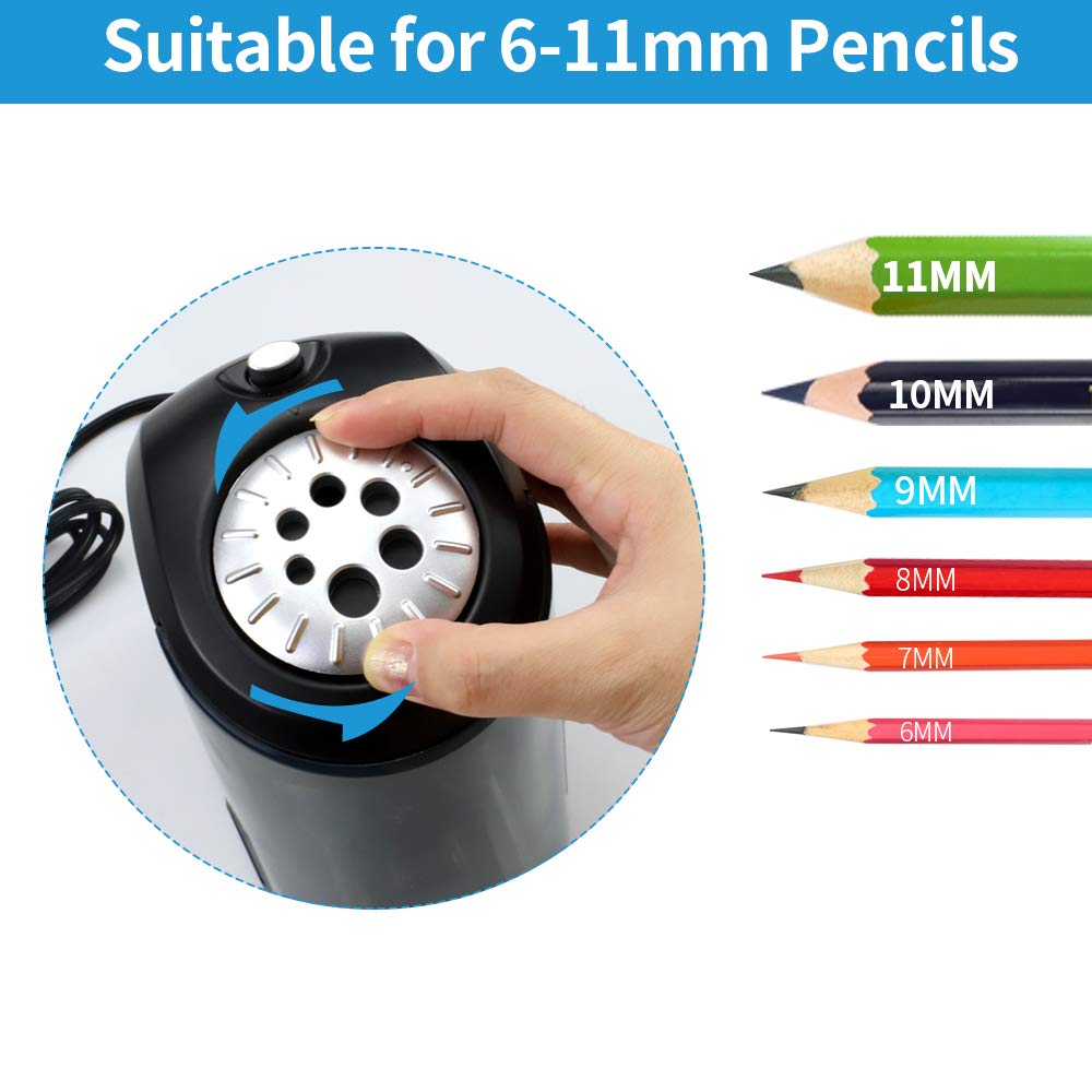 AFMAT Electric Pencil Sharpener Heavy Duty, 6 Holes, Large Adjustable Pencil Sharpener for Artists, Super Quiet Classroom Electric Sharpener with Helical Blade, Auto Stop for 6-11mm Jumbo Pencils