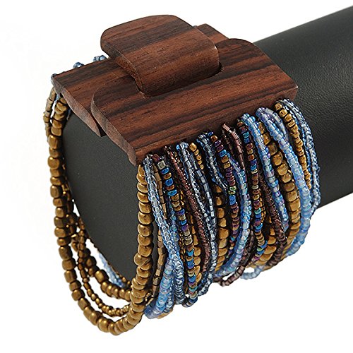Avalaya Bronze/Light Blue/Purple/Peacock Glass Bead Multistrand Flex Bracelet with Wooden Closure - 19cm L