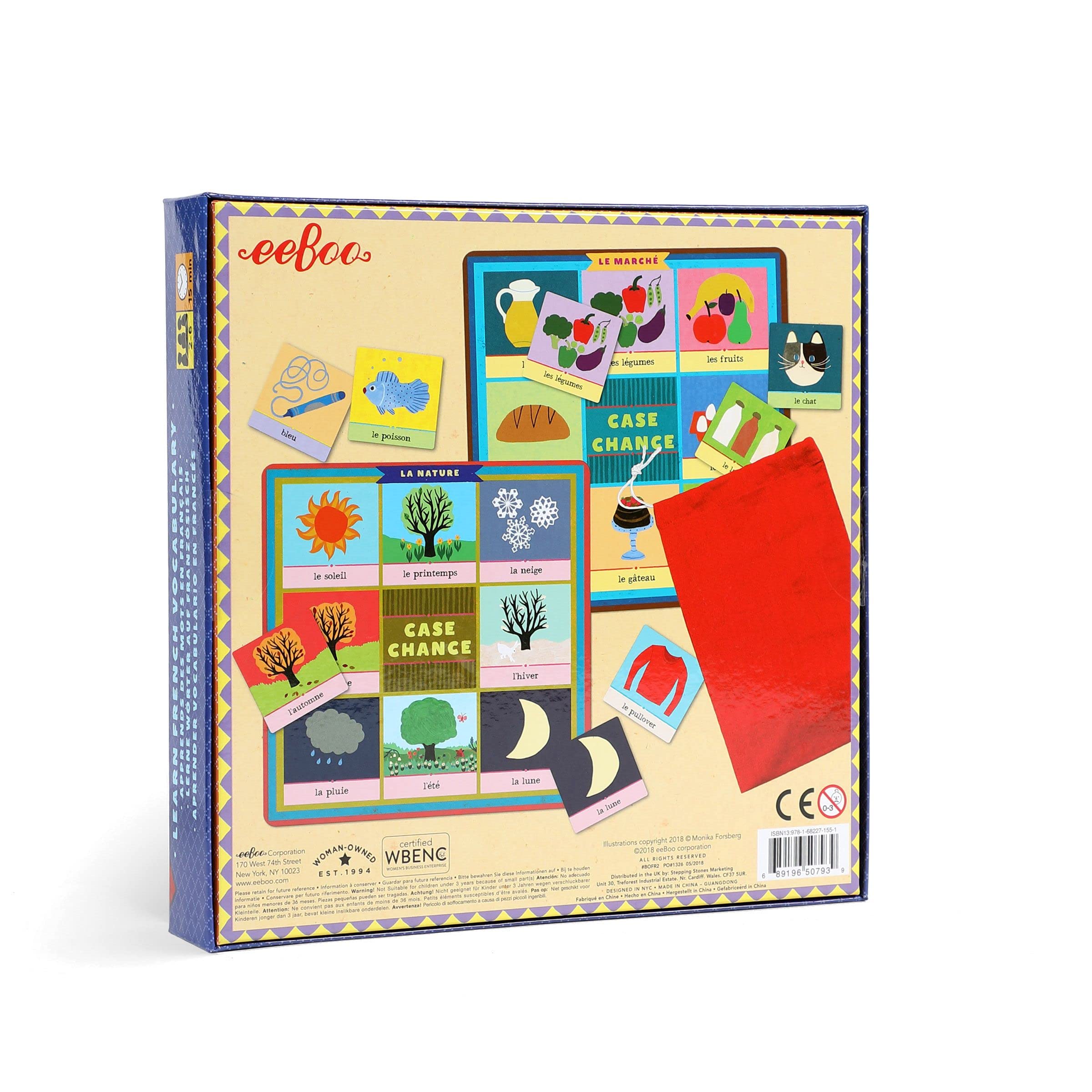 eeBoo: French Bingo Vocabulary Game, Includes- Pronunciation Guide & Drawsting Bag, 6 Game Boards, 48 Playing Chips, 2 to 6 Players, for Ages 5 and up