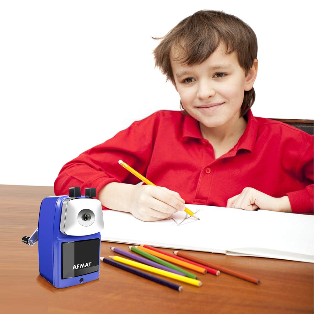 AFMAT Pencil Sharpener Manual, Heavy Duty Pencil Sharpener, Metal Pencil Sharpener for Classroom, Sharpen 6000 Times, Helical Steel Blade, Not Easy to Break, Perfect for Kids, Blue