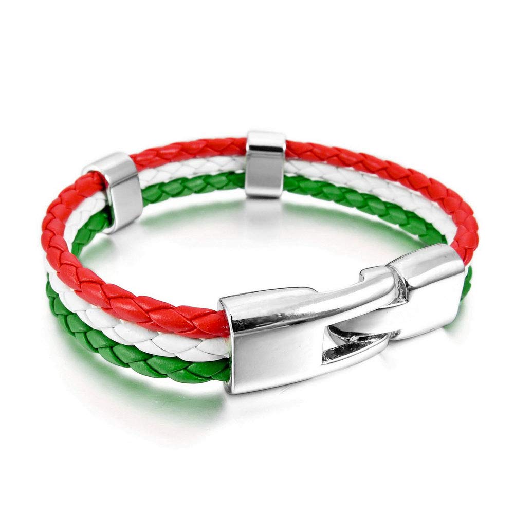 Apzzic 12mm Wide Mens Womens Italy Flag Braided Rope Surfer Leather Bracelet Wristband Cuff Bracelet Bangle 8inch