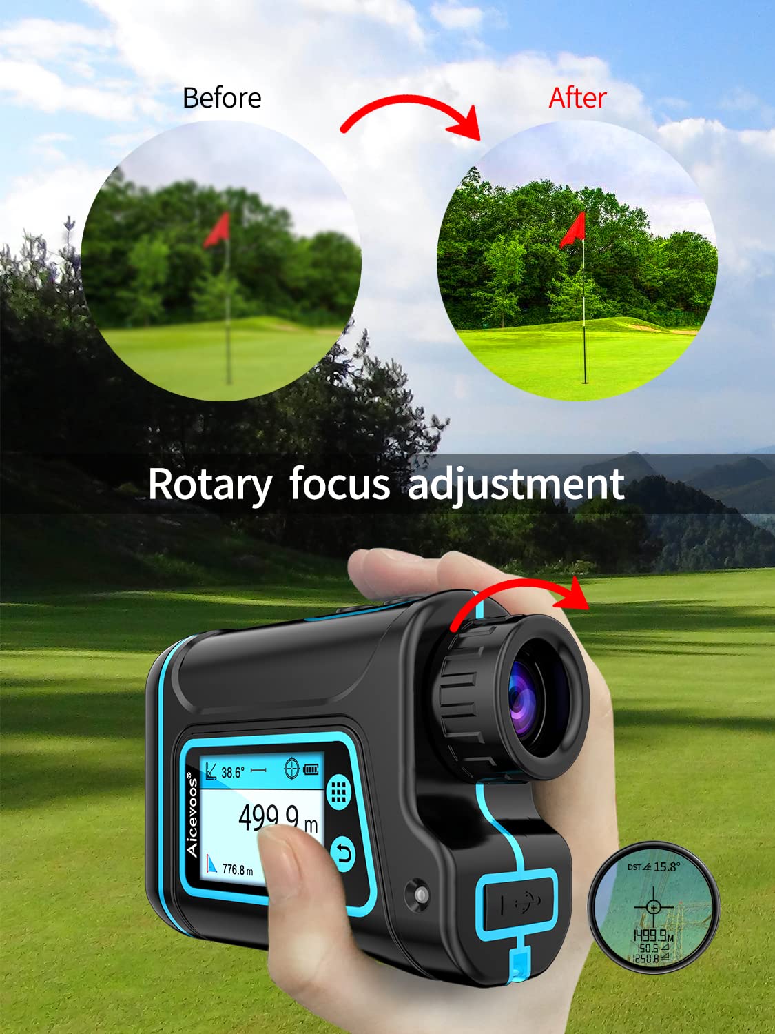 Aicevoos Z9 Golf Laser Rangefinder with Flag Capture, Pulse Vibration and Touch LCD Screen, 6X Magnification, Great for Choosing The Right Club (Black)
