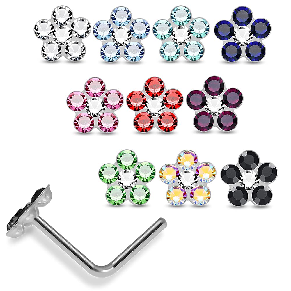 AtoZ Piercing 20 Pieces Box Set of Multi Crystal Stone Flower Top Sterling Silver L Bend Nose Stud Jewelry
