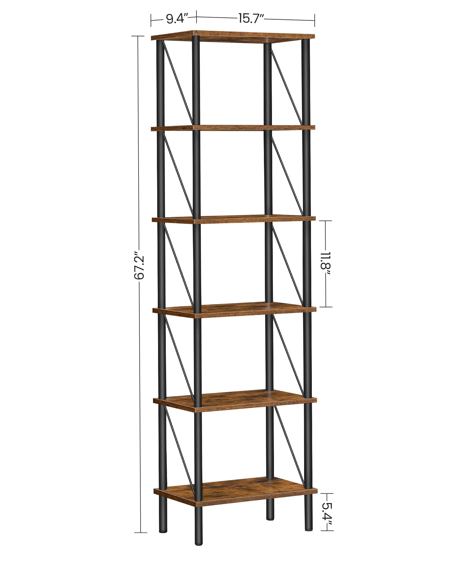 CHOEZON Narrow Book Shelf 6-Tier 67.2" Tall Bookcase with Protective Diagonal Braces, for Living Room, Bedroom, Study, Balcony, Rustic Brown and Black TCJ06BF