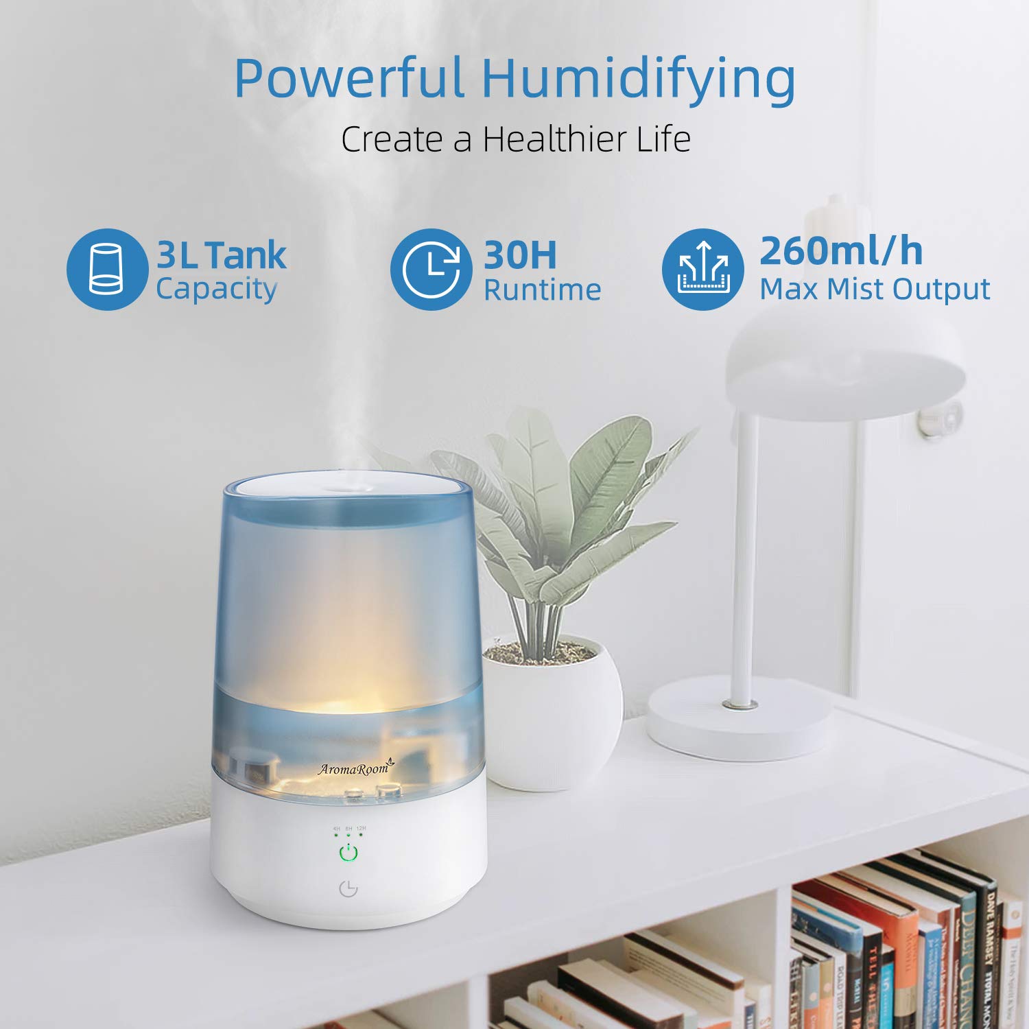 Aroma Room Humidifiers for Bedroom, 3L Cool Mist Humidifier for Baby Nursery and Plants, Whisper Quiet Air Humidifier, Soft Night Light, 30H Work Time, Auto Shut Off, Blue